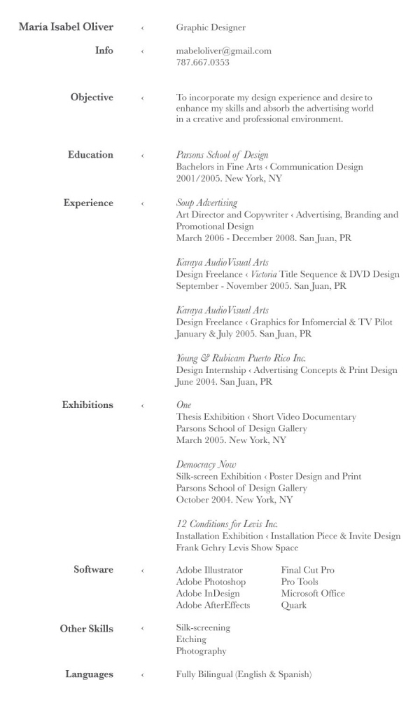 Resume by Maria Isabel Oliver at Coroflot.com