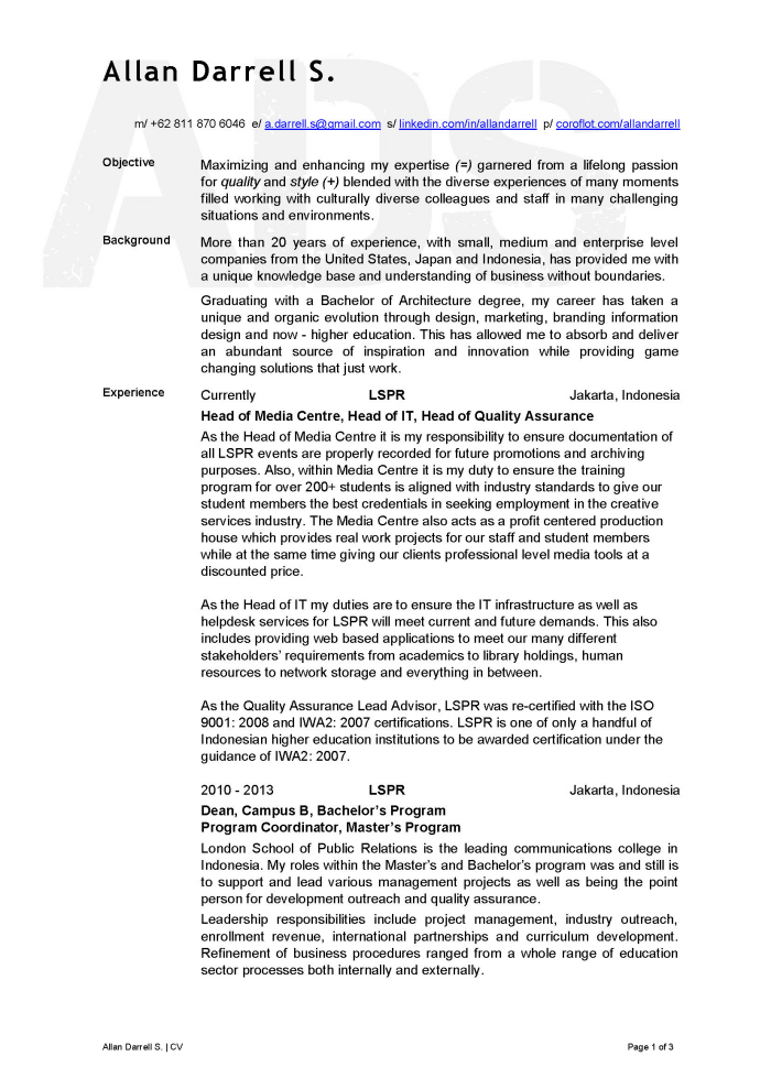 cv / resume by Allan Darrell S. at Coroflot.com