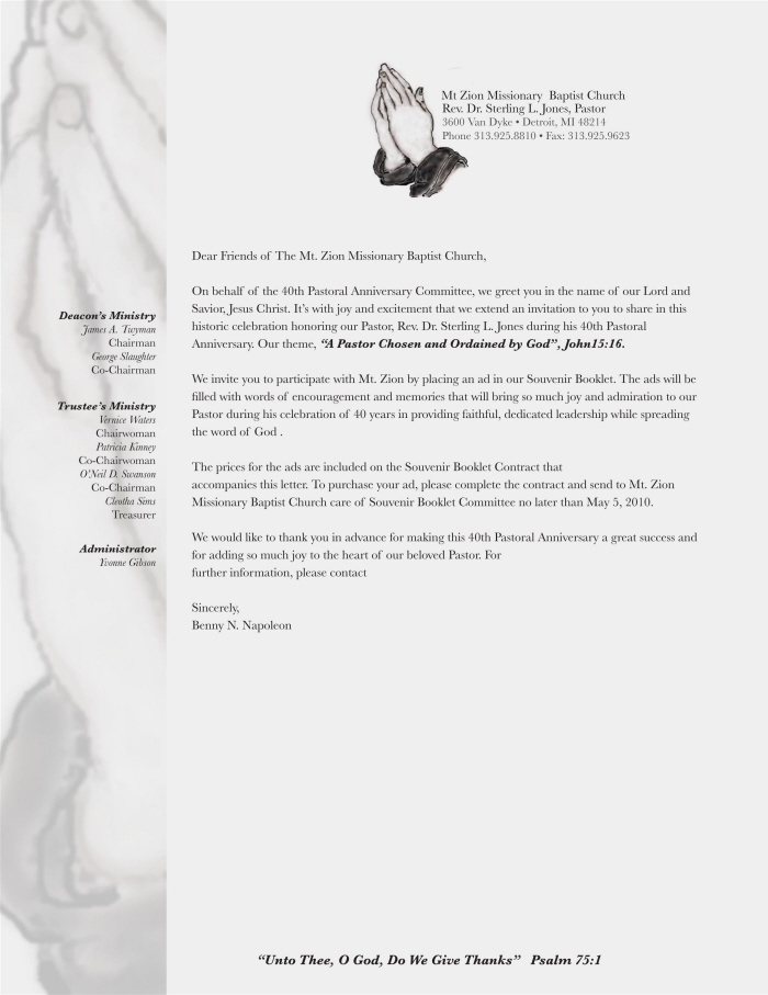 Church Souvenir Booklet Ad Letter