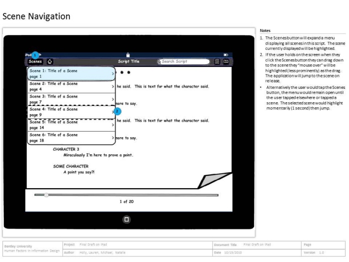 Sketch to Prototype - Script Writing App by Holly DeWolf at Coroflot.com