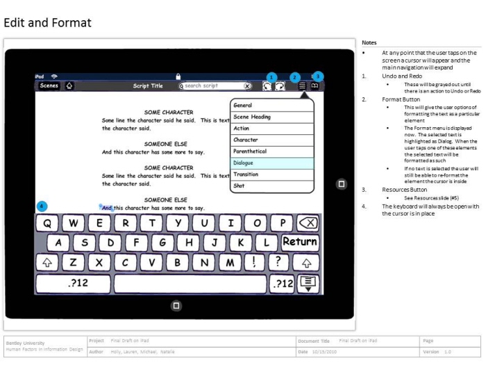 Sketch to Prototype - Script Writing App by Holly DeWolf at Coroflot.com