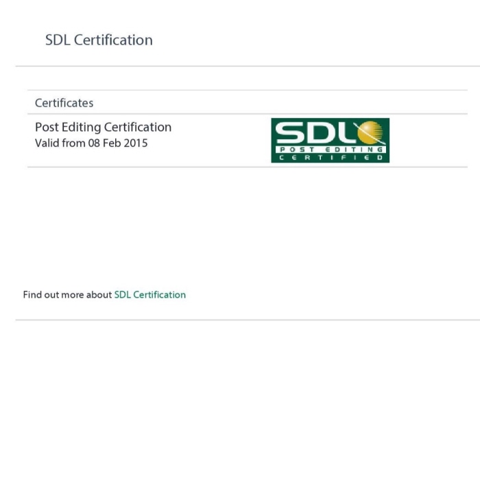 SDL Post-Editing Certificate by Verena Scott at Coroflot.com