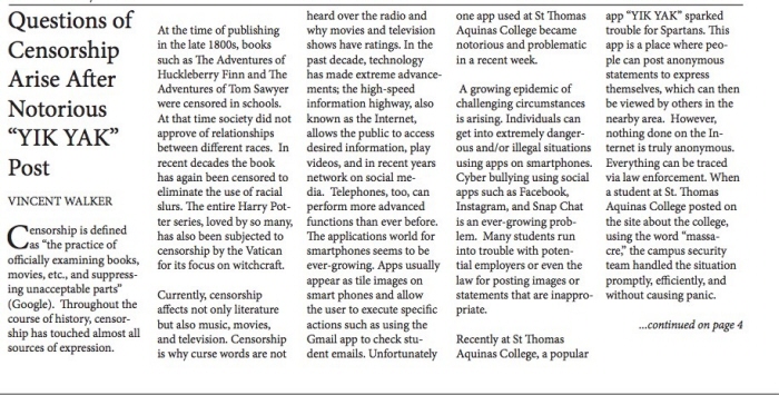 Questions of Censorship Arise After Notorious "YIK YAK" post by VINCENT ...