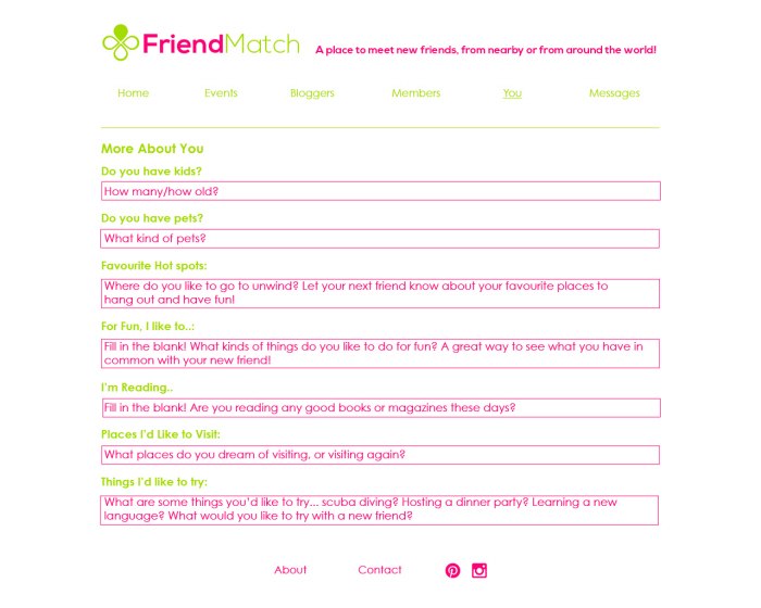 FriendMatch Website Mockups by Caitlin M at Coroflot.com