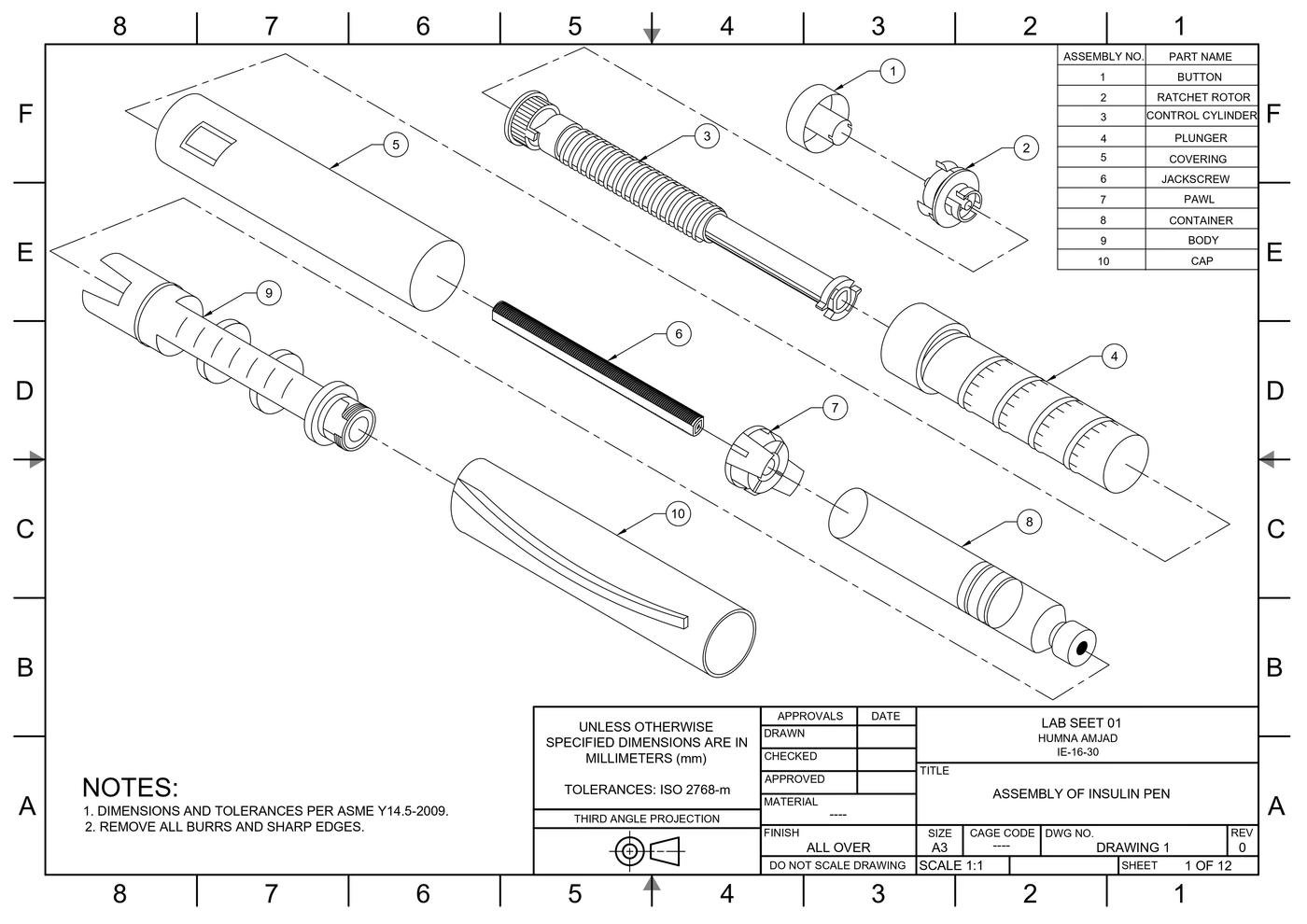Detailed Assembly Drawing of Insulin Pen by Humna Amjad at Coroflot.com