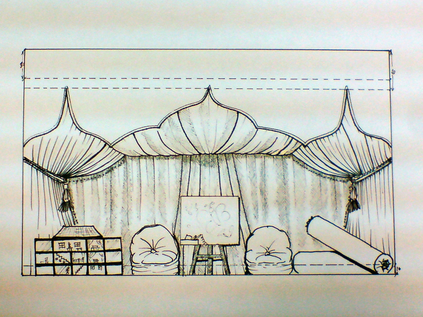 sample drawing of my curtain designs by Samuel Cardel at Coroflot.com