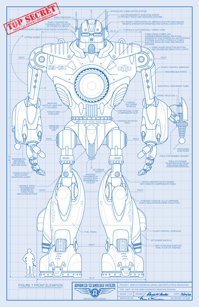 Fantasy Robot Blueprint Illustration by Don Amadio at Coroflot.com