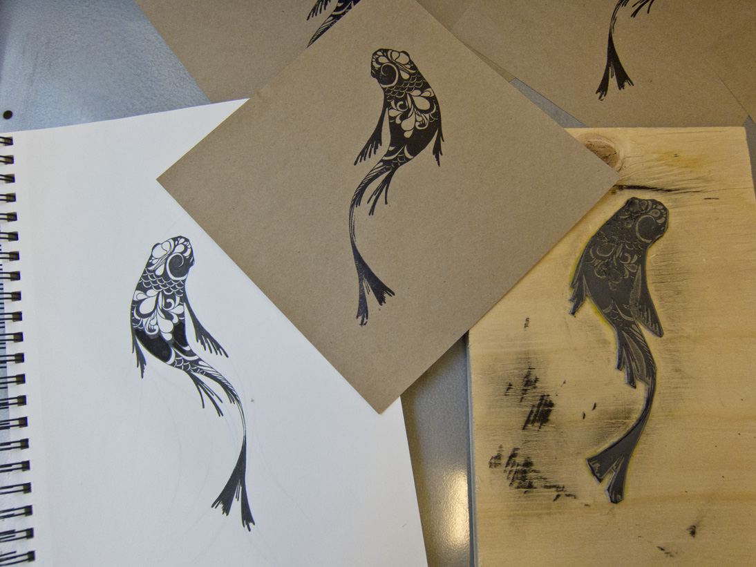 Koi fish linocut print tests by Jason Kan at Coroflot.com