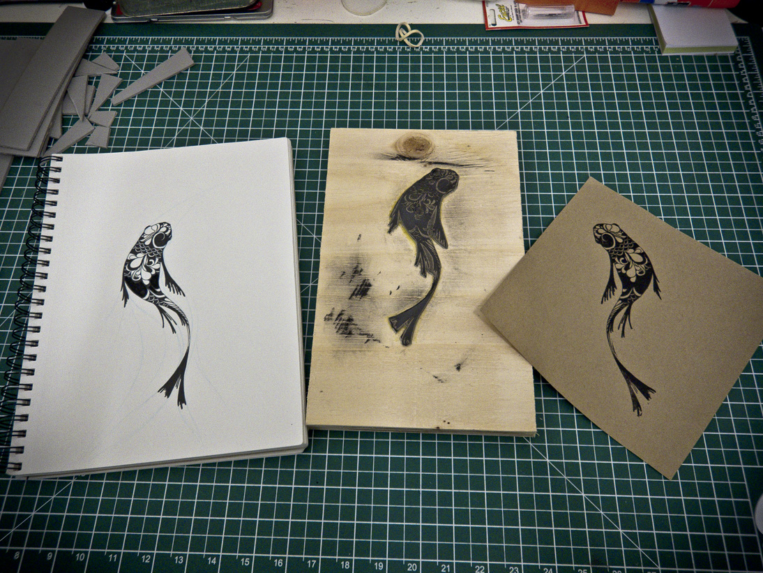 Koi fish linocut print tests by Jason Kan at Coroflot.com