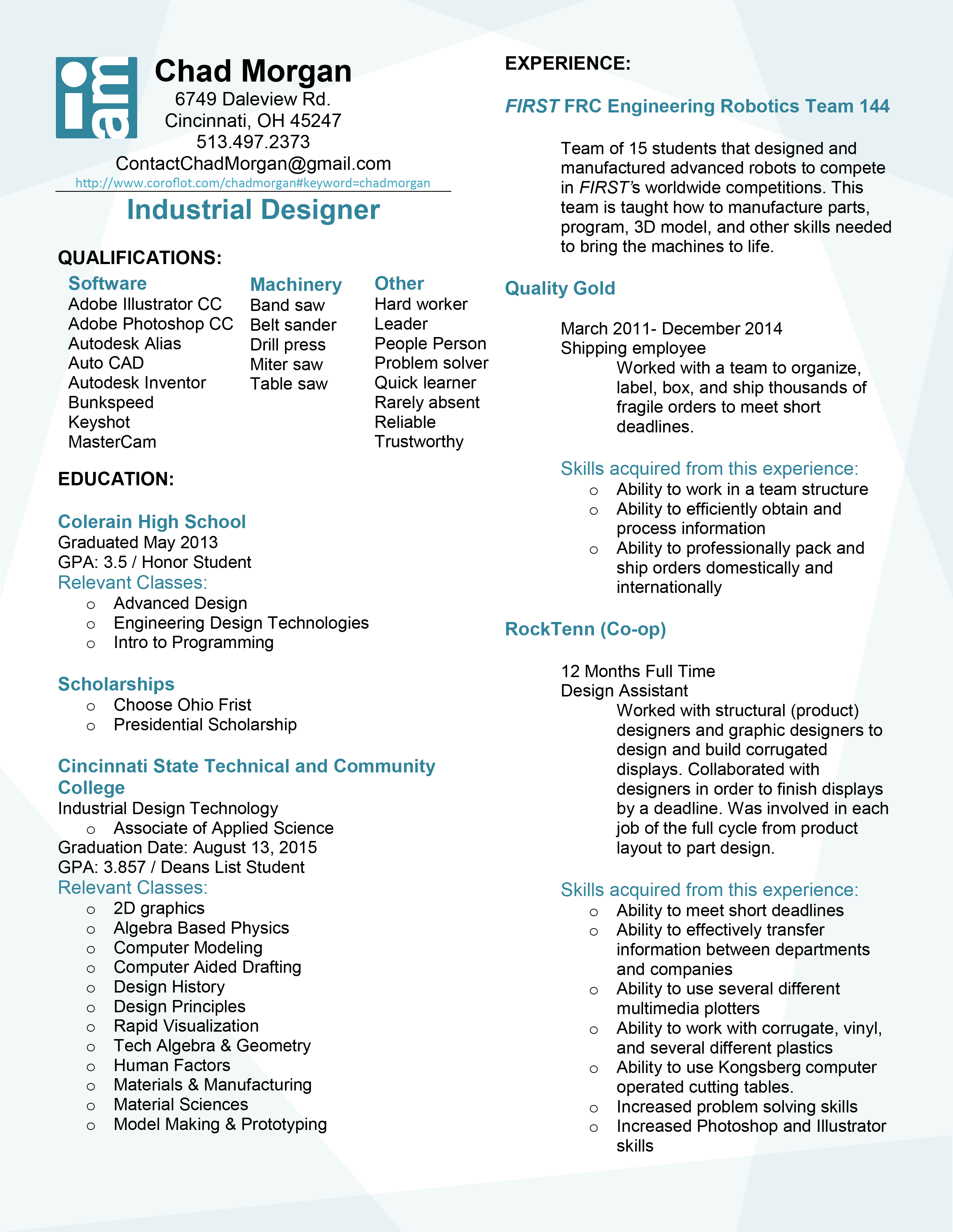 PDF Resume by Chad Morgan at Coroflot.com