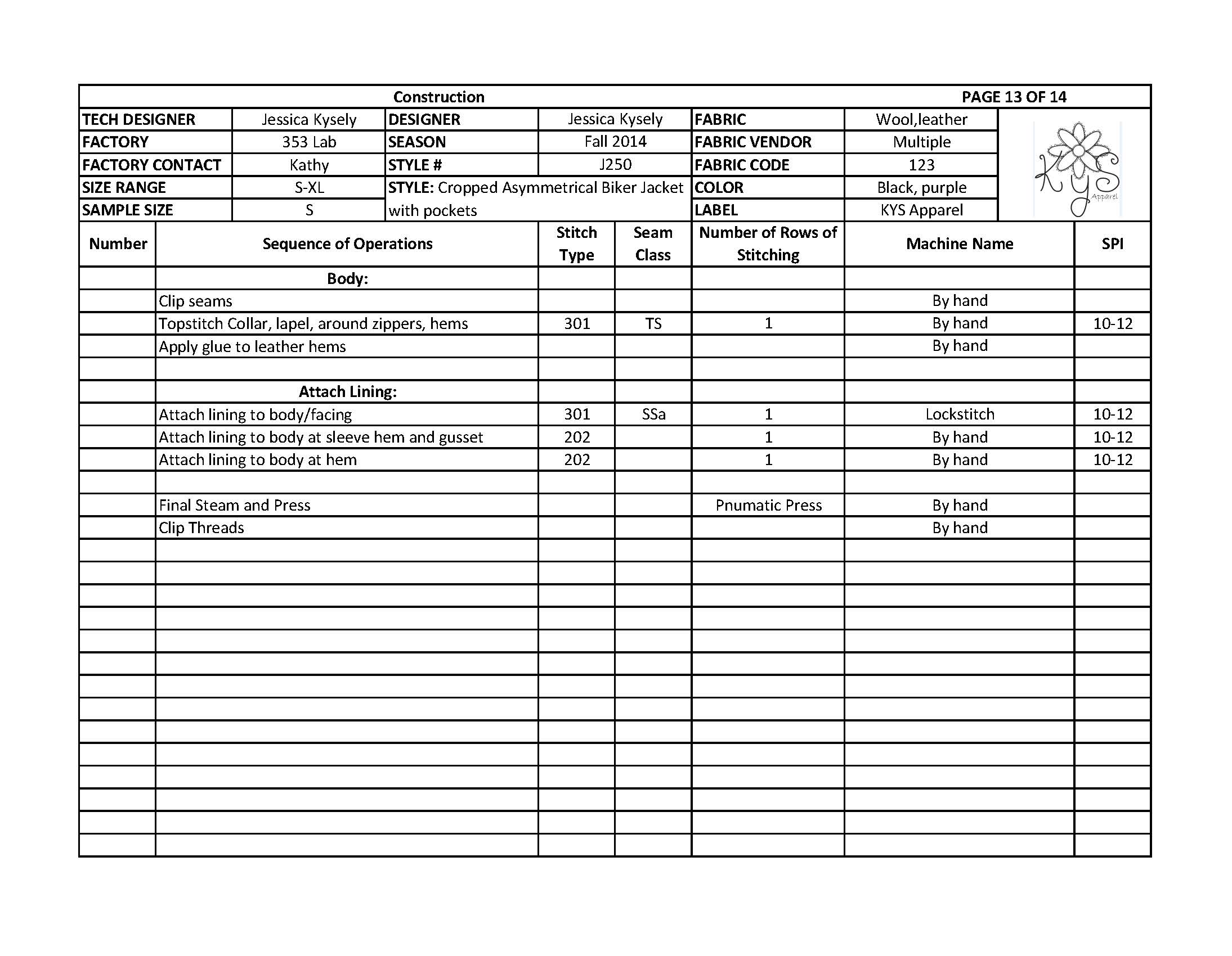 Technical Specification Package by Jessica Kysely at Coroflot.com