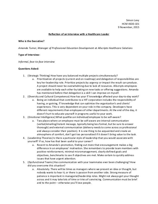 Reflection Essay From The Interview With A Healthcare Executive By
