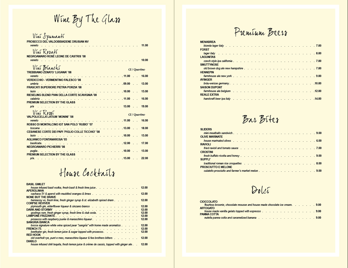 Bocca Restaurant Menu by Chris Arroyo at Coroflot.com